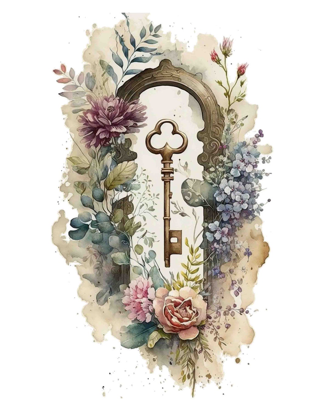Watercolor Floral Key Digital Art Print / Instant Download Printable ...