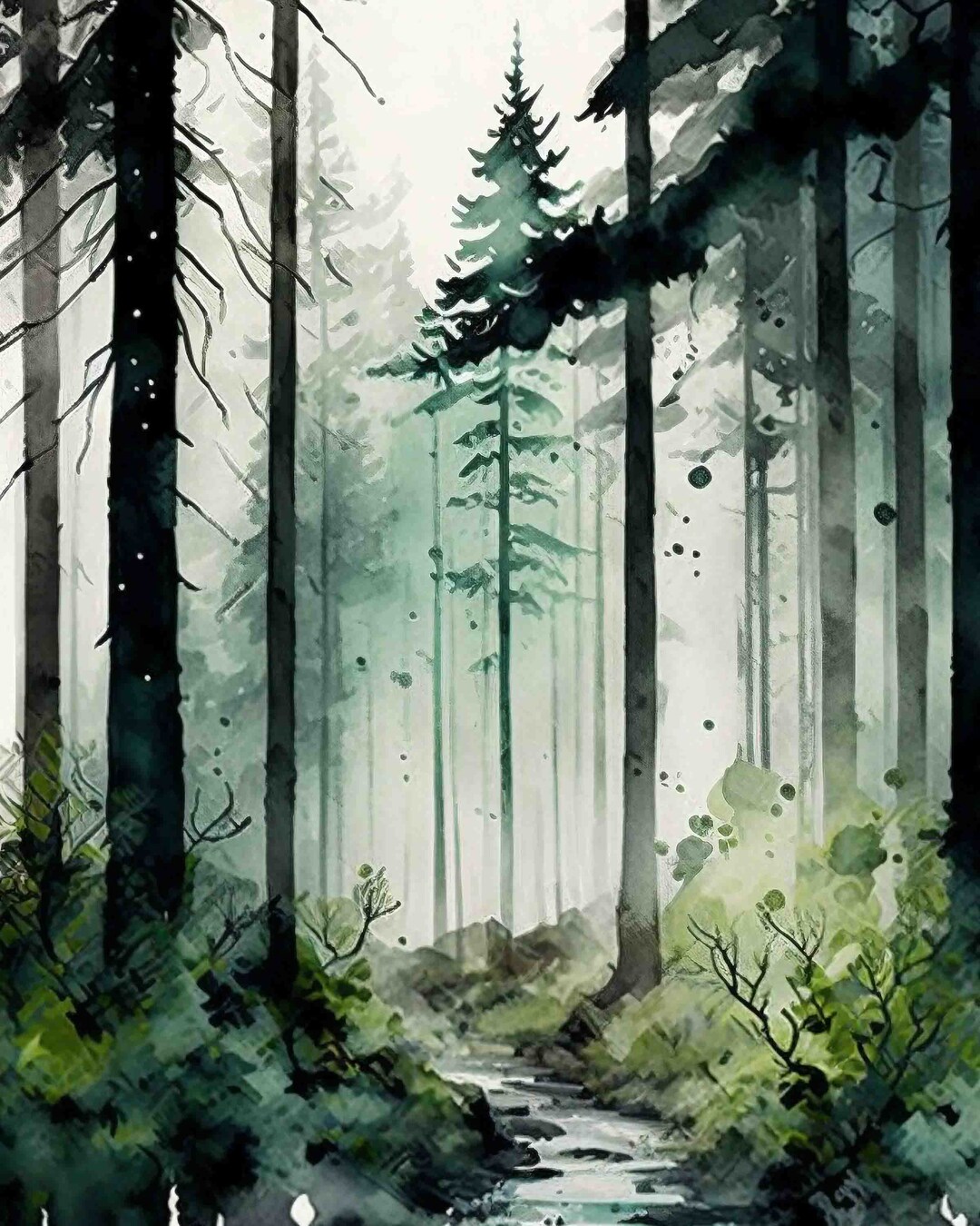 Watercolor Evergreen Forest Vignette, Fall Nature Digital Art Print ...