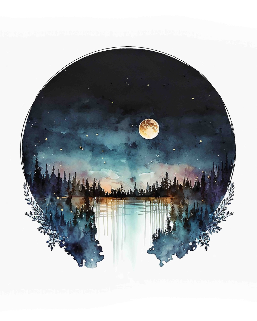 Watercolor Forest Night Moon Landscape, Digital Art Print / Instant ...