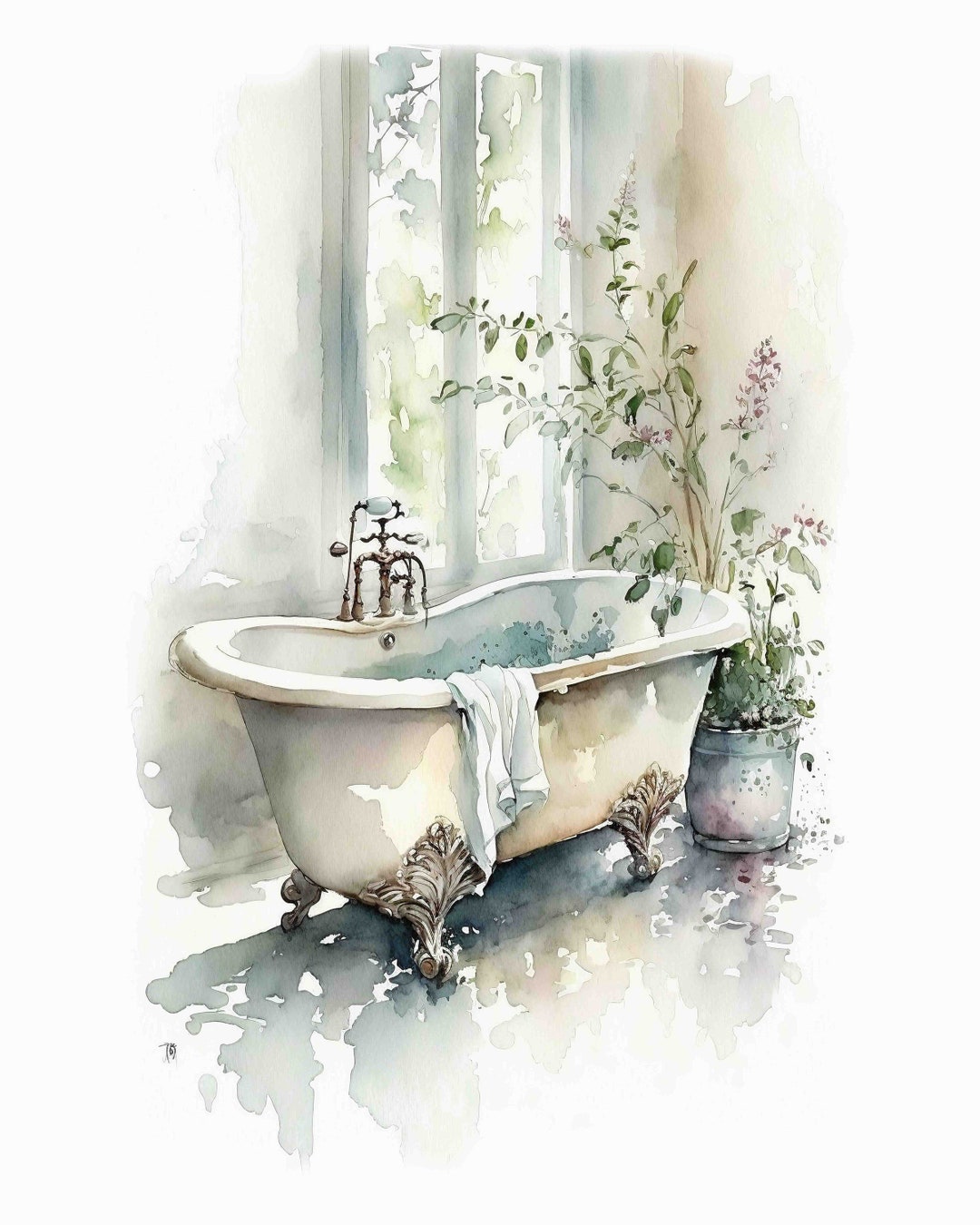 Watercolor Beautiful Bathtub Vignette, Digital Art Print / Instant ...