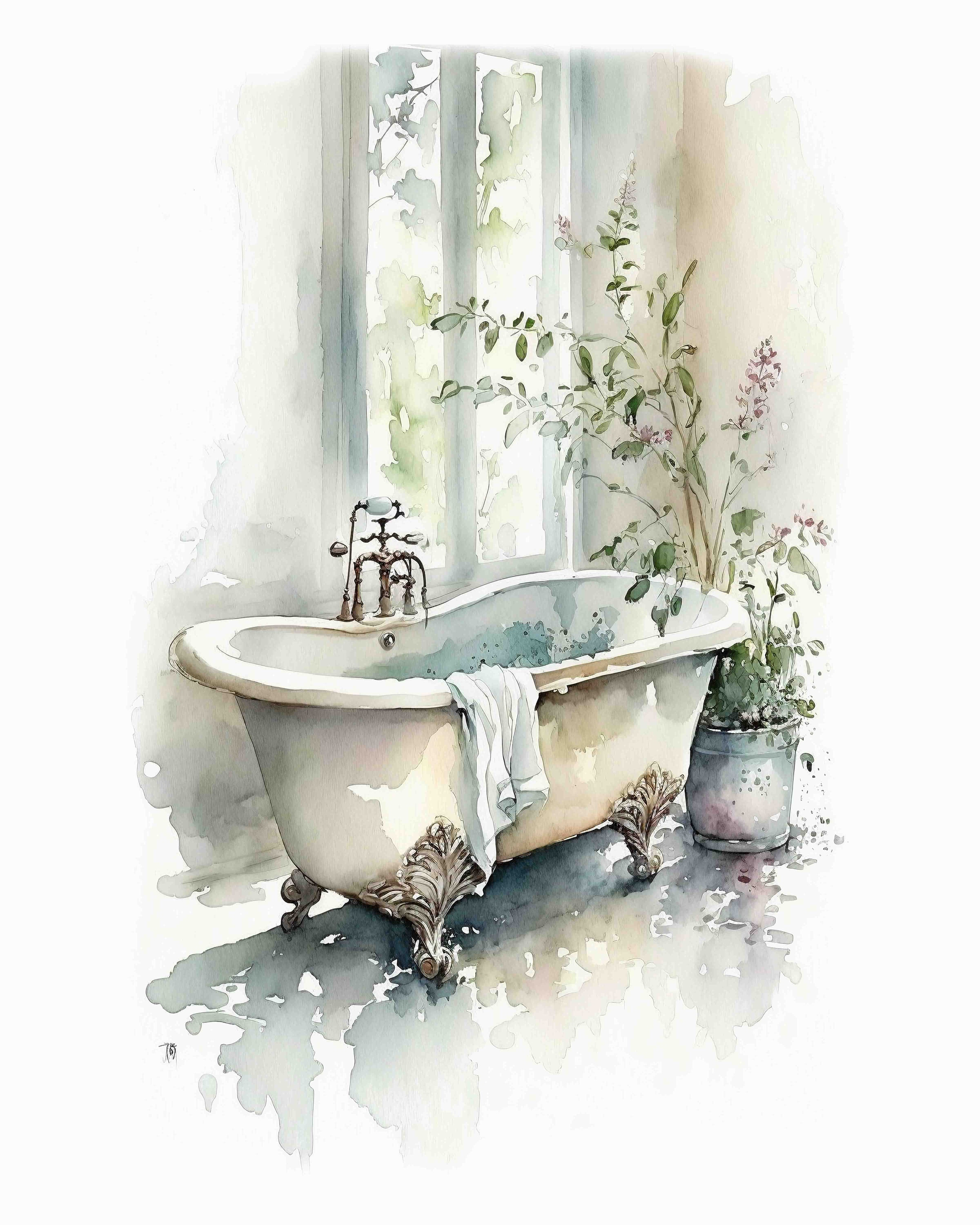 Watercolor Beautiful Bathtub Vignette Digital Art Print / - Etsy