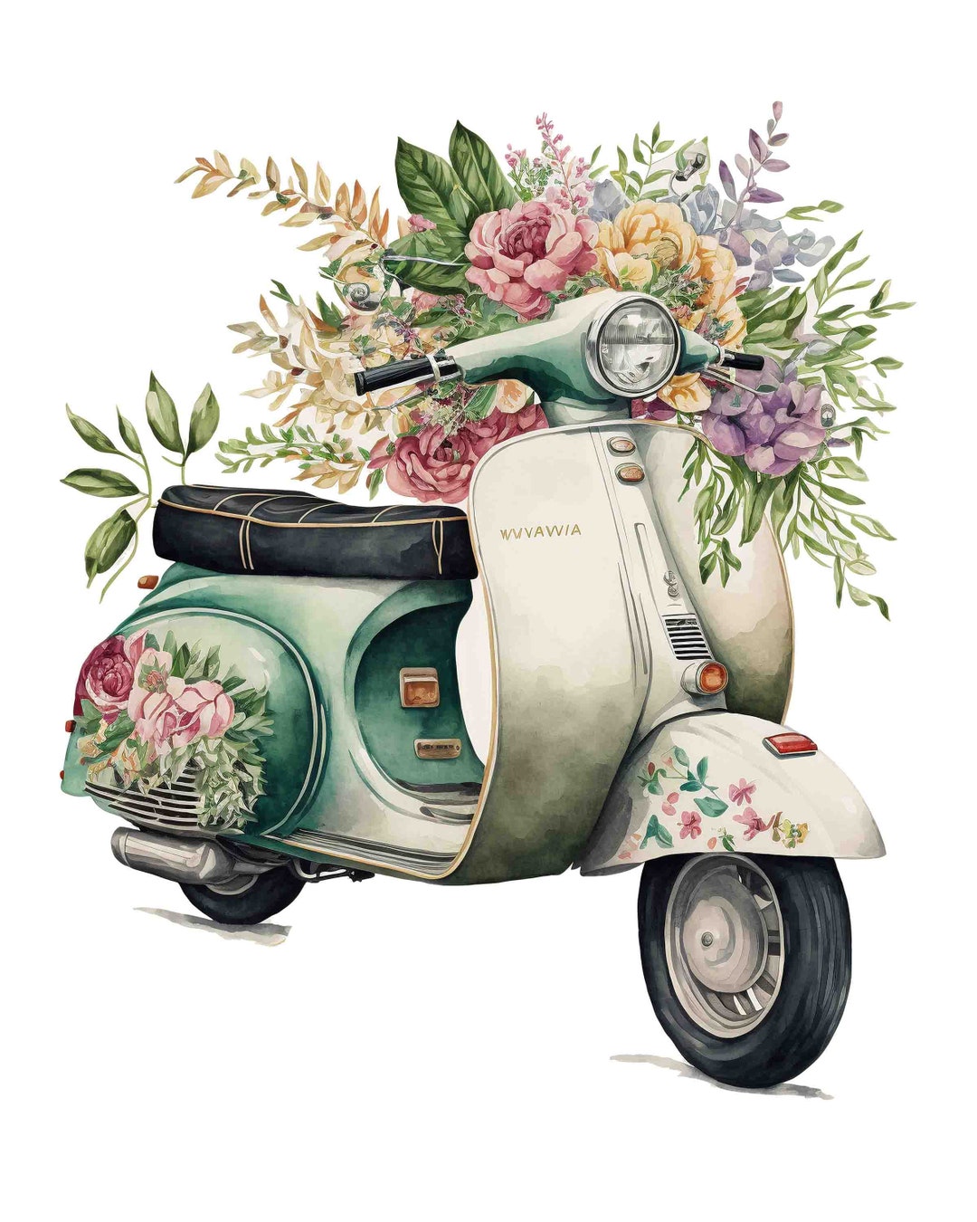 Watercolor Floral Motorbike Scooter, Digital Art Print / Instant ...