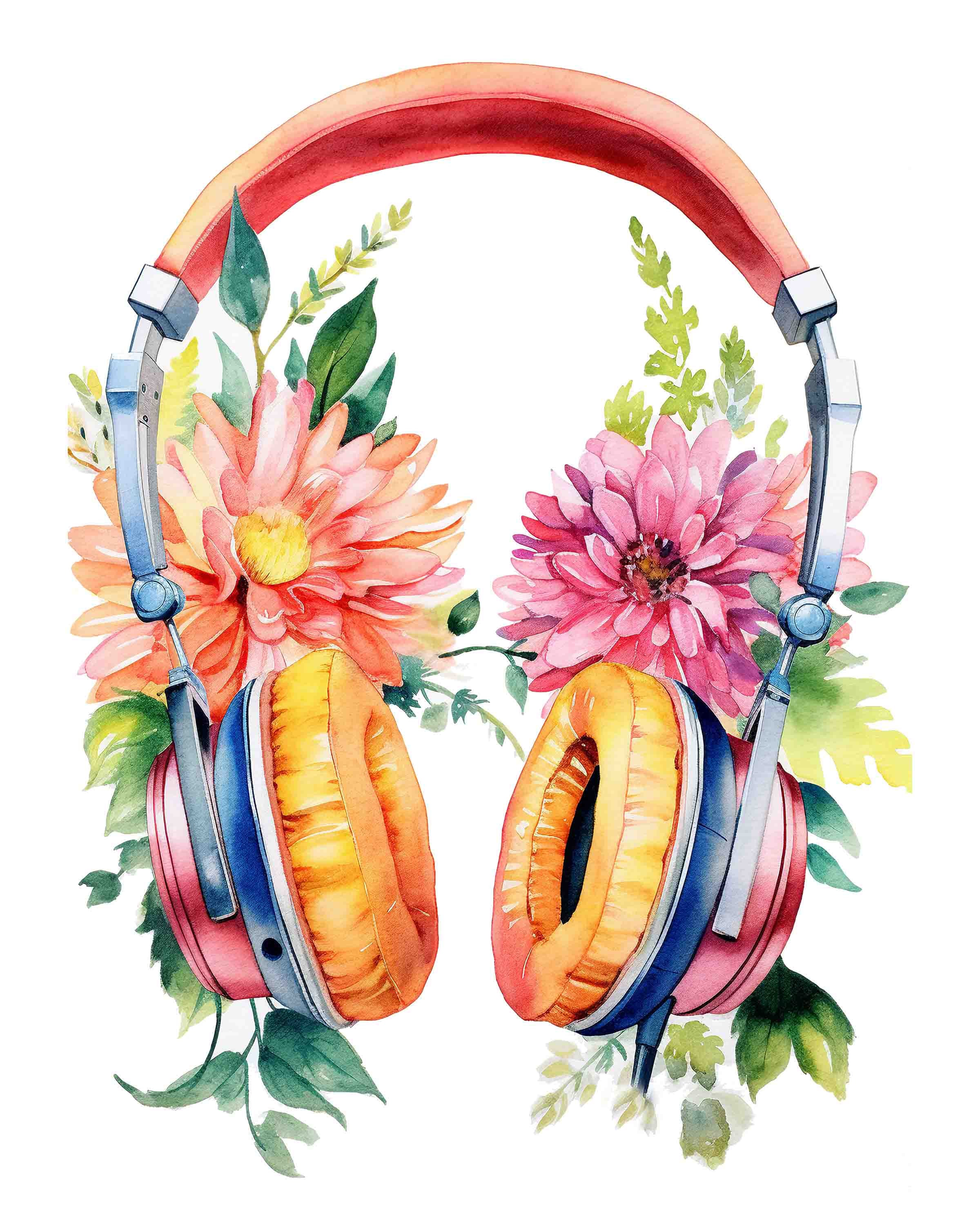 Watercolor Floral Headphones Digital Art Print / Instant Download ...