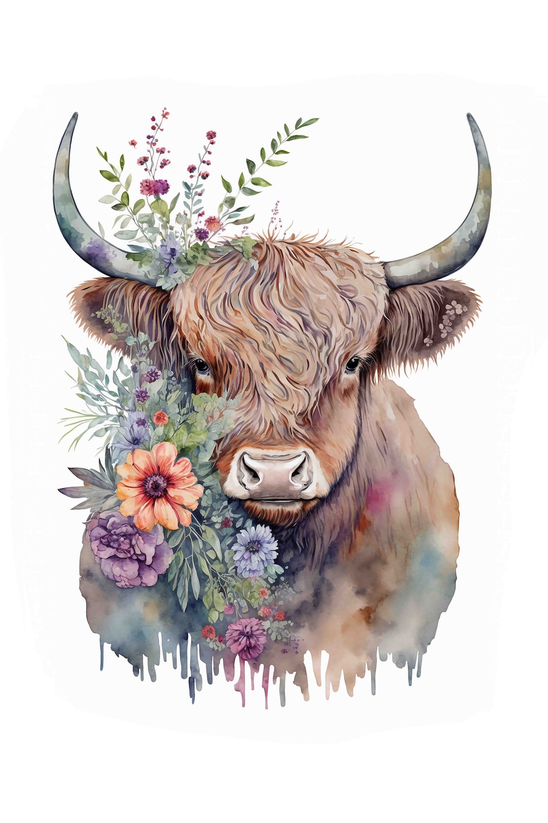 Watercolor Adorable Highland Cow With Flowers, Wall Art, Digital Art ...