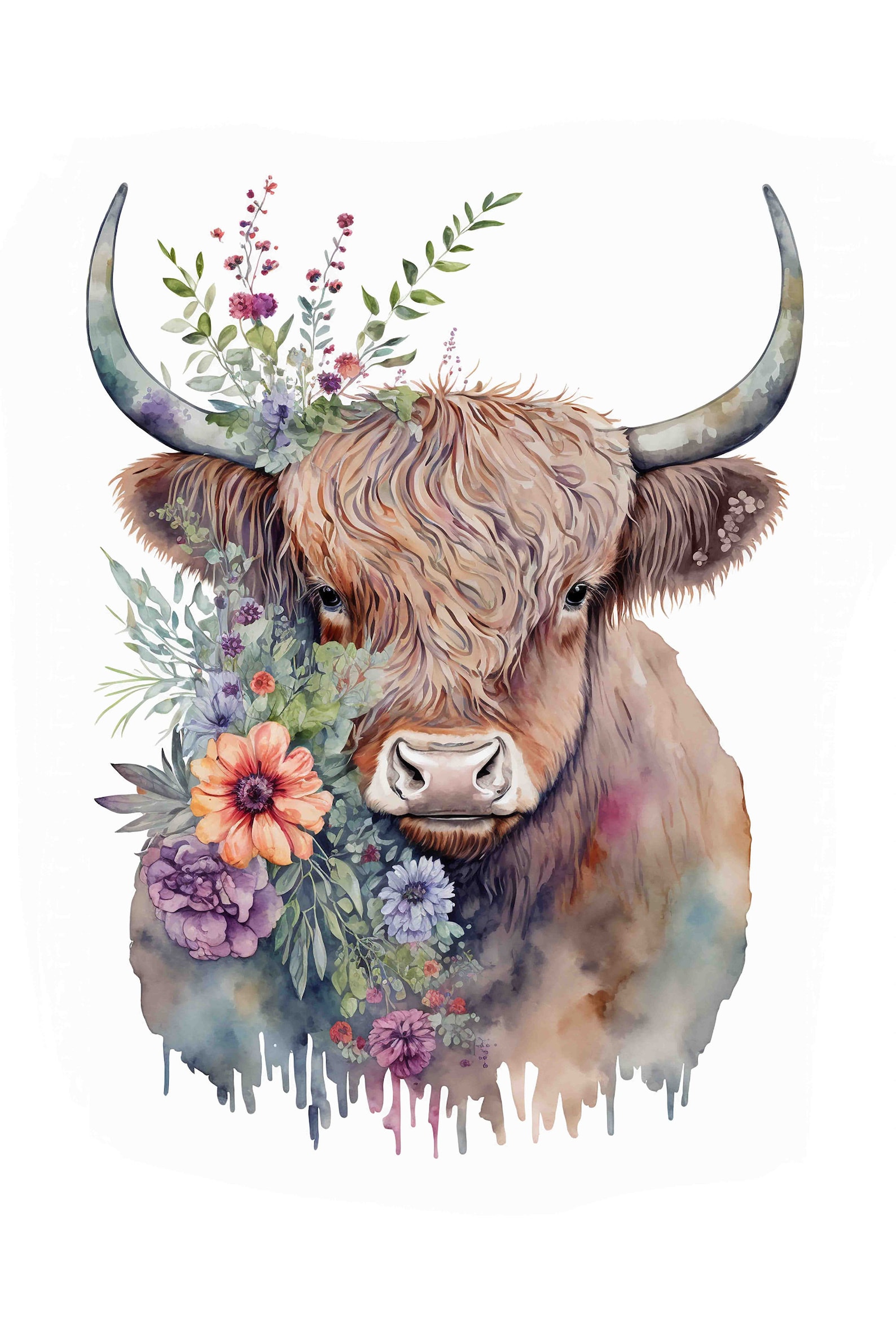 Watercolor Adorable Highland Cow With Flowers Wall Art - Etsy