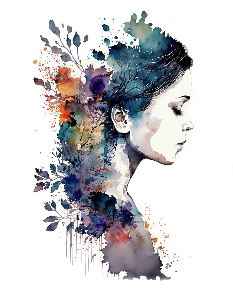 Watercolor Floral Woman Portrait Digital Art Print / Instant Download ...