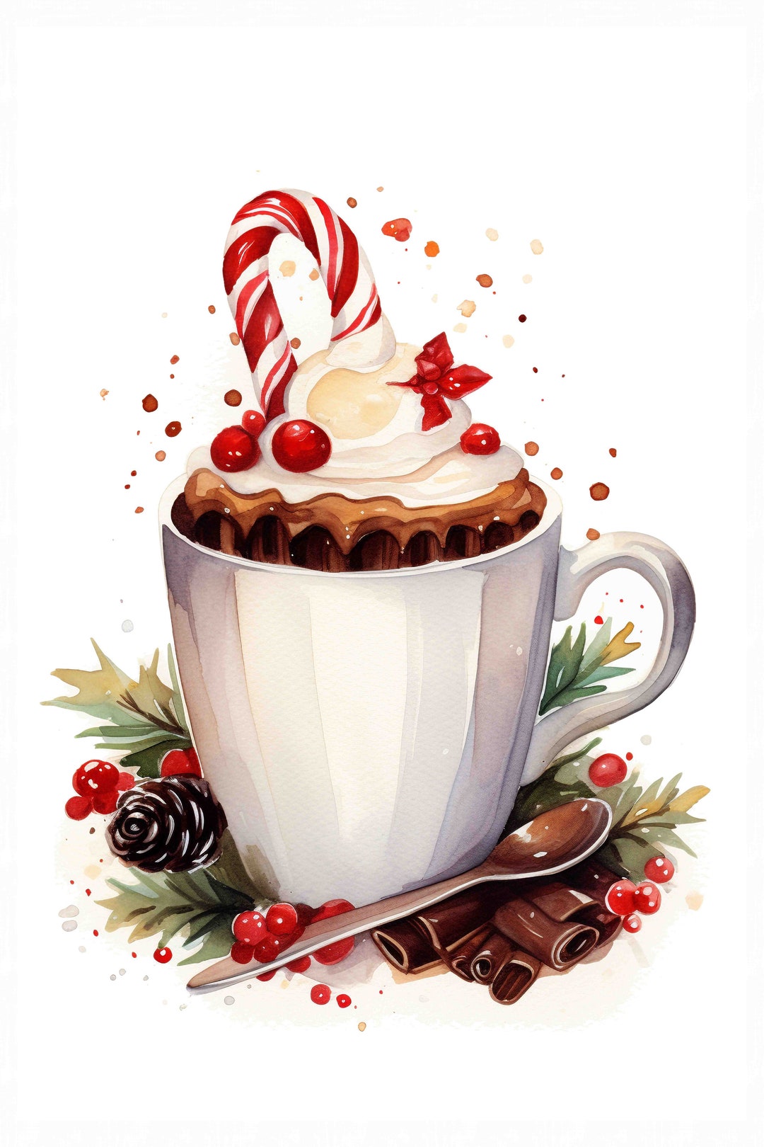 Watercolor Christmas Drink, Coffee Latte Hot Chocolate Digital Art ...