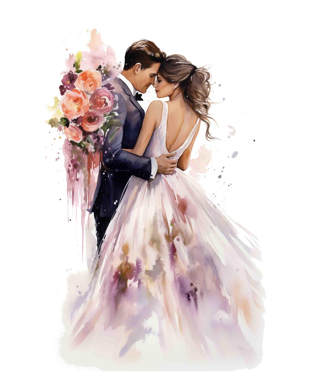 Watercolor Bride and Groom Portrait, Wedding Digital Art Print ...