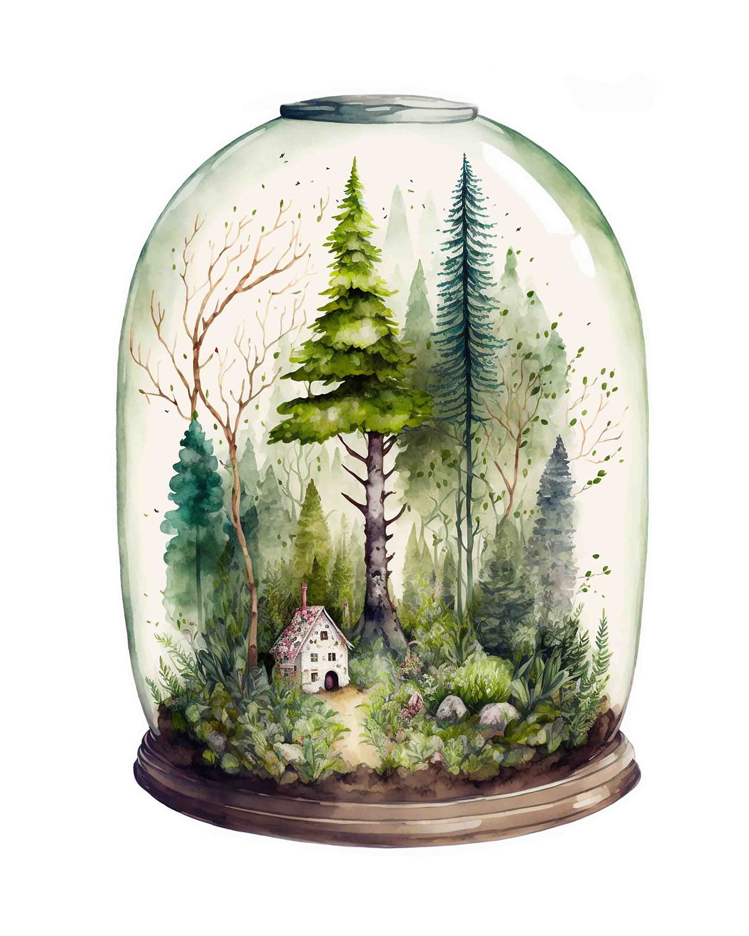 Watercolor Forest Cottage Terrarium Digital Art Print / Instant ...