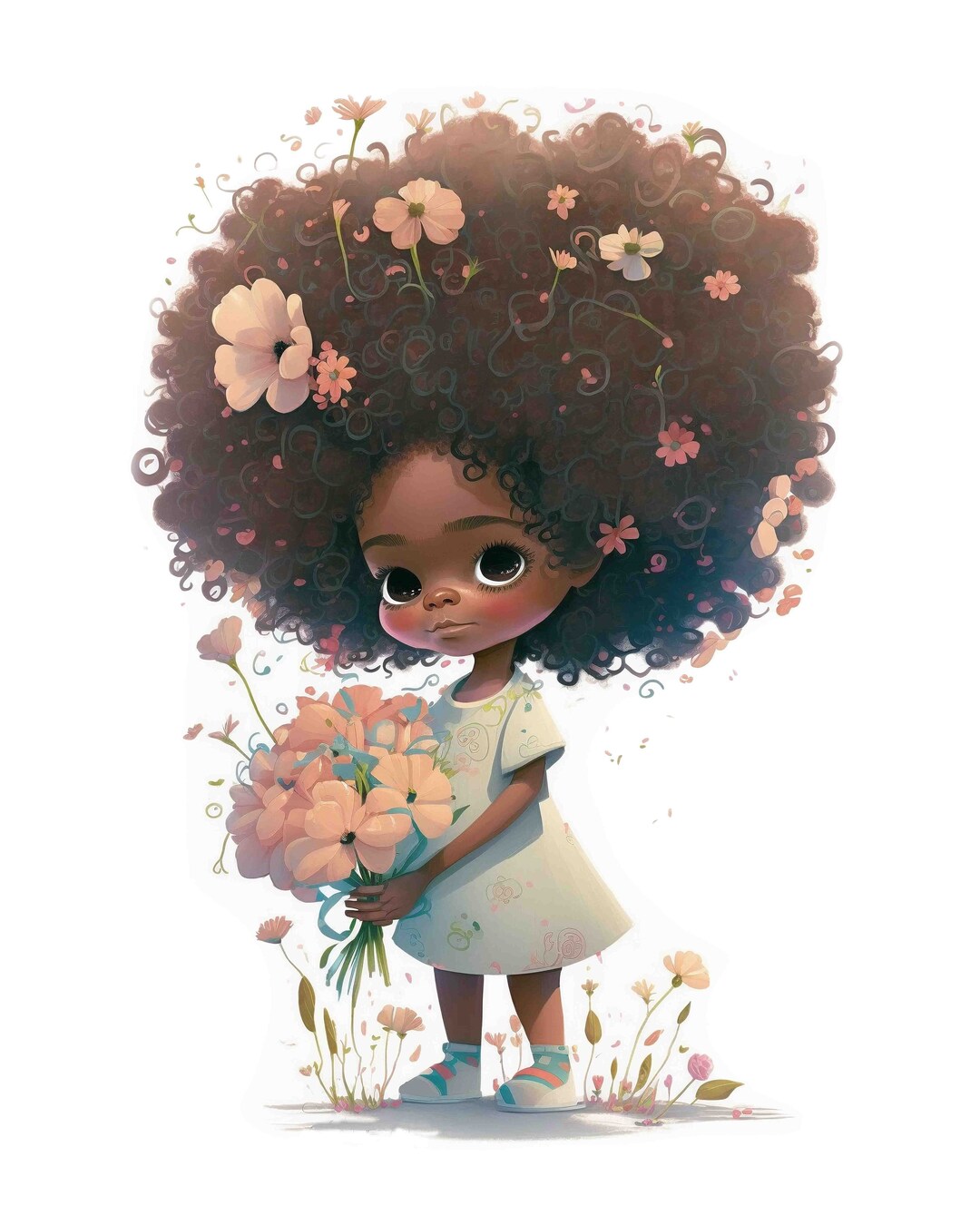 Watercolor Little Girl Holding Flowers Digital Art Print / Instant ...