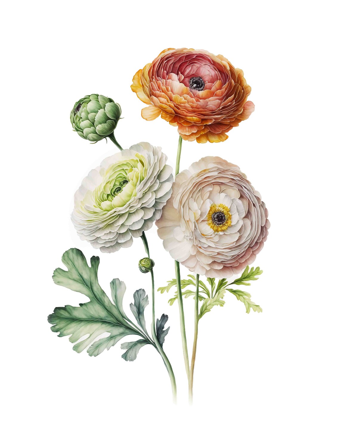 Watercolor Ranunculus Vintage Style Botanical Print Spring - Etsy