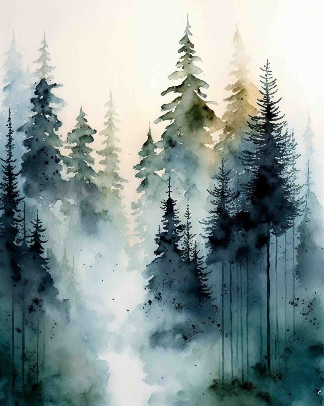 Watercolor Evergreen Forest Vignette, Fall Nature Digital Art Print ...