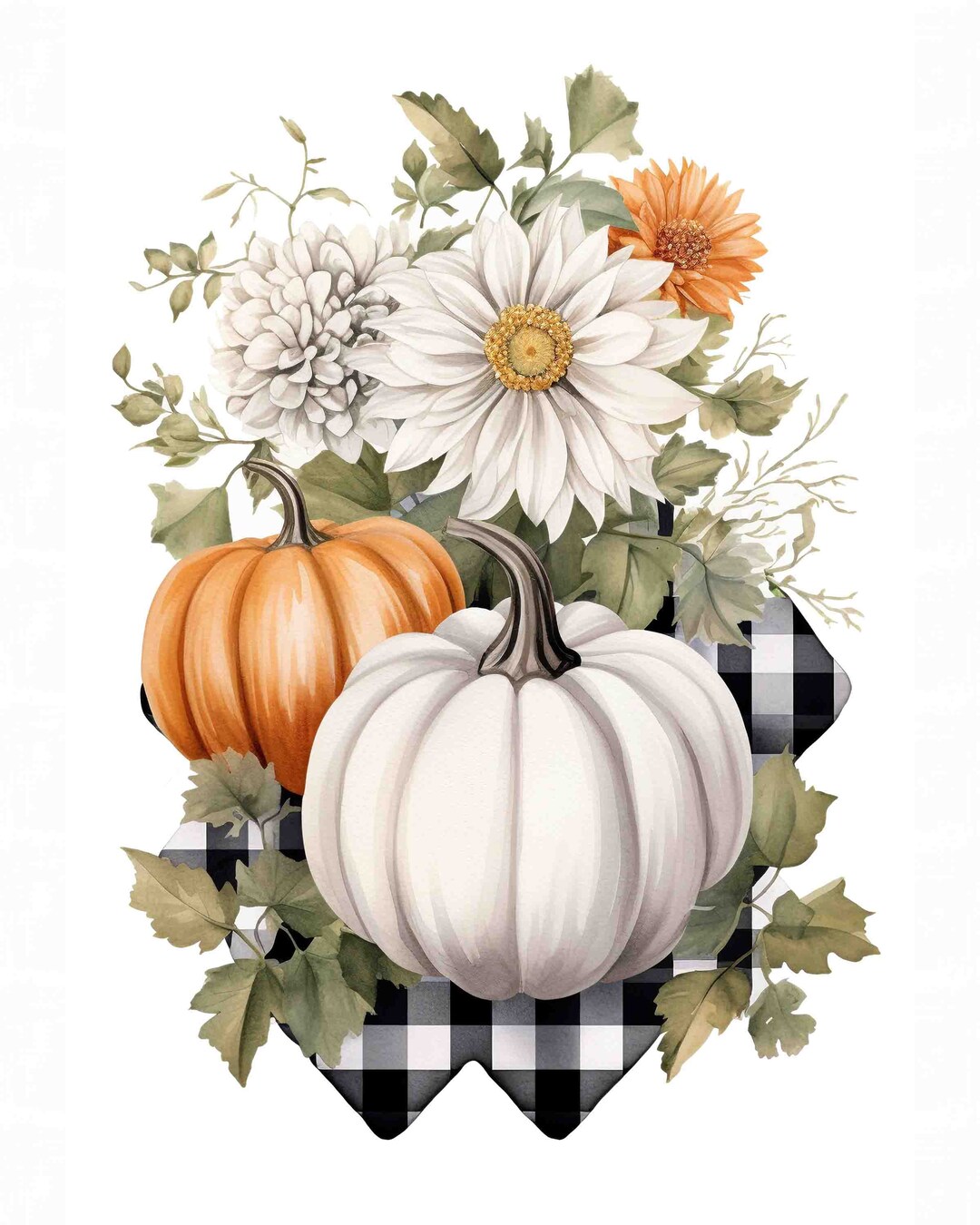 Watercolor Pumpkin Floral Print, Buffalo Check Fall Art (digital ...