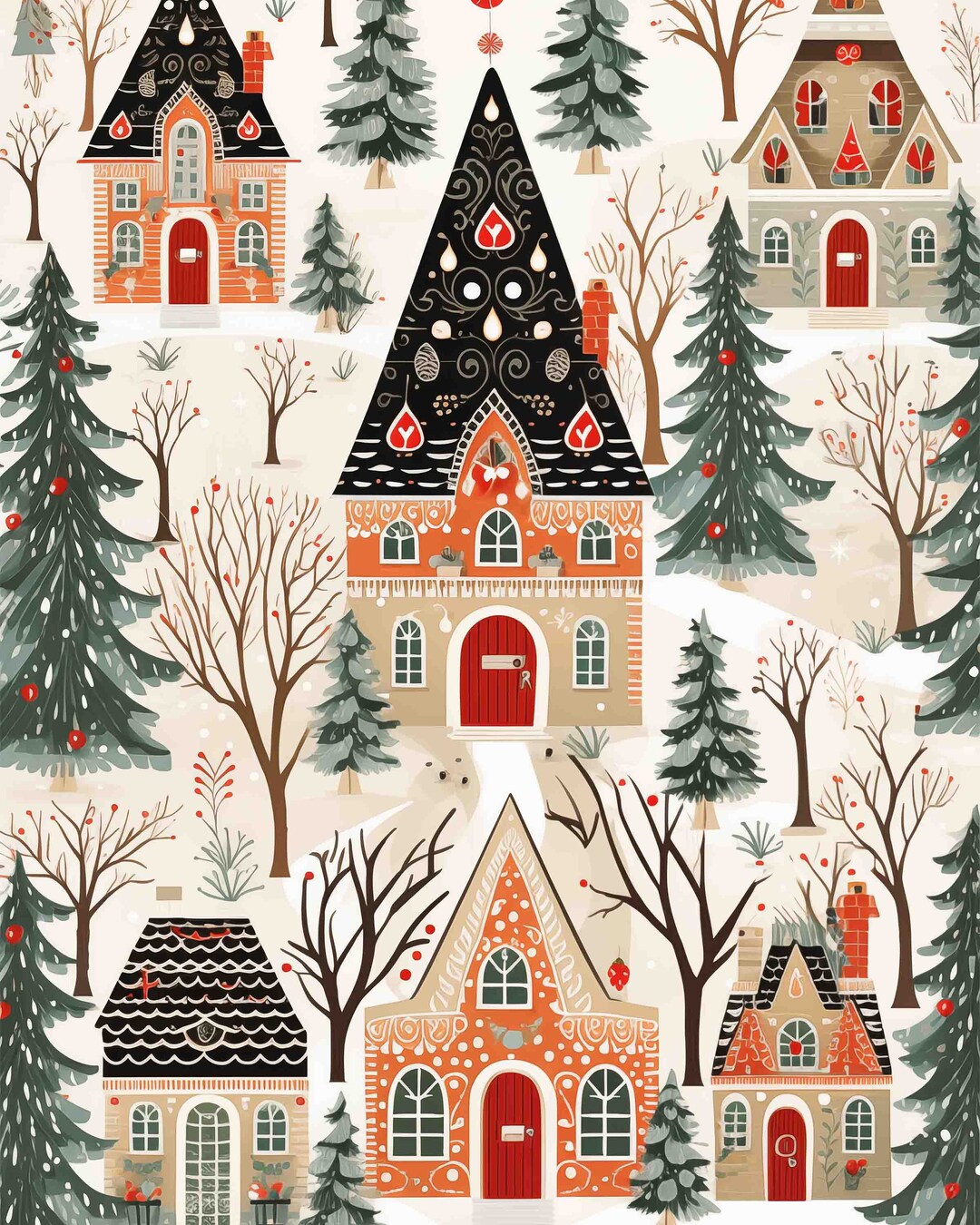 Watercolor Folk Art Winter Village, Digital Art Print / Instant ...
