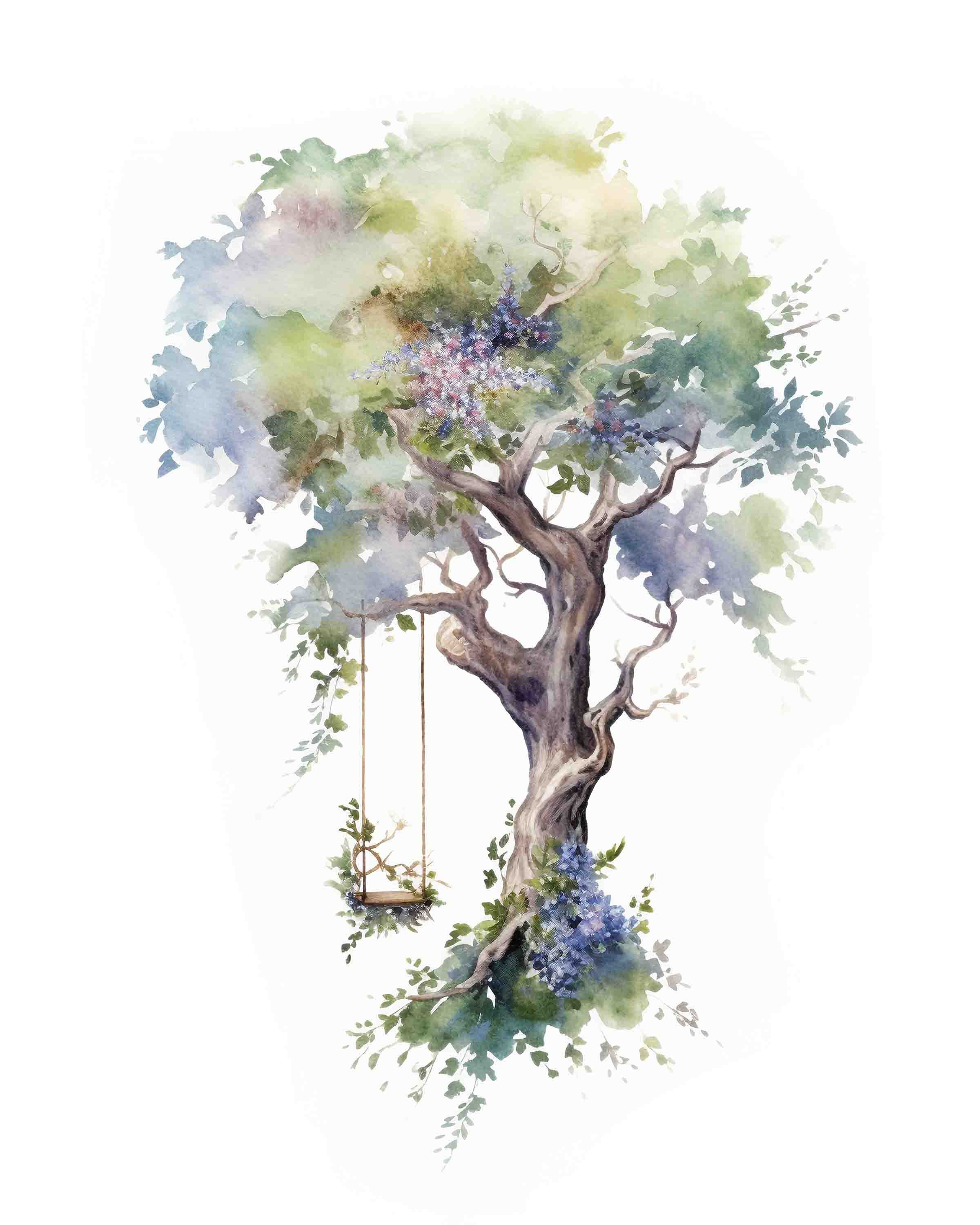 Watercolor Beautiful Tree With Swing Painting Digital Art - Etsy