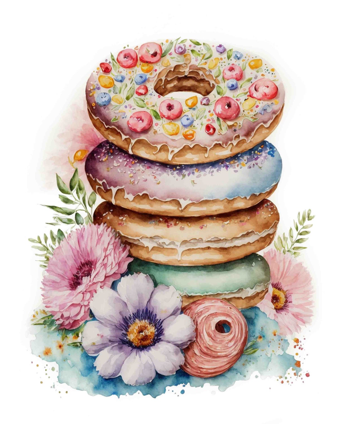 Watercolor Floral Doughnut Digital Art Print / Instant Download ...