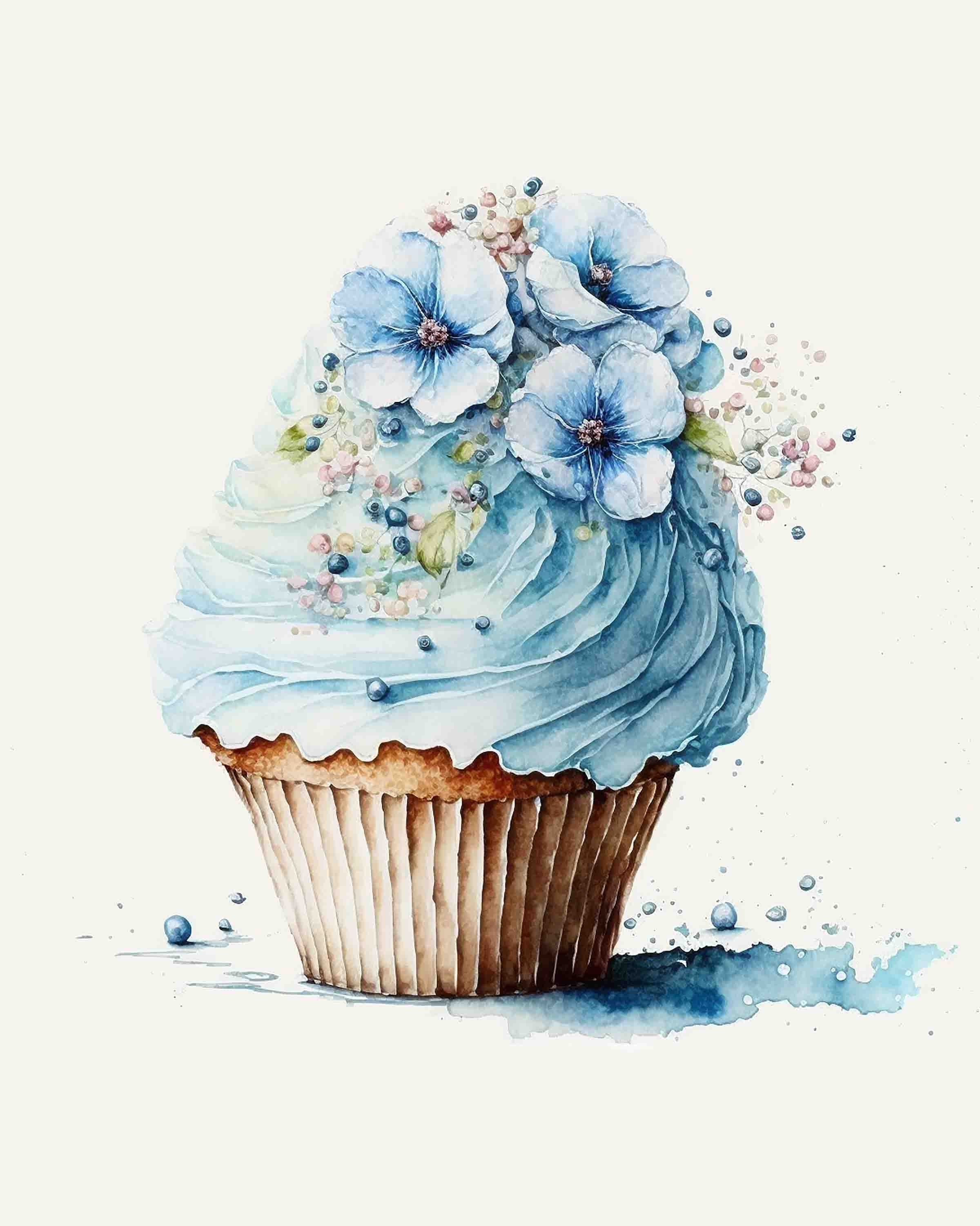 Watercolor Floral Blue Floral Cupcake Digital Art Print / - Etsy
