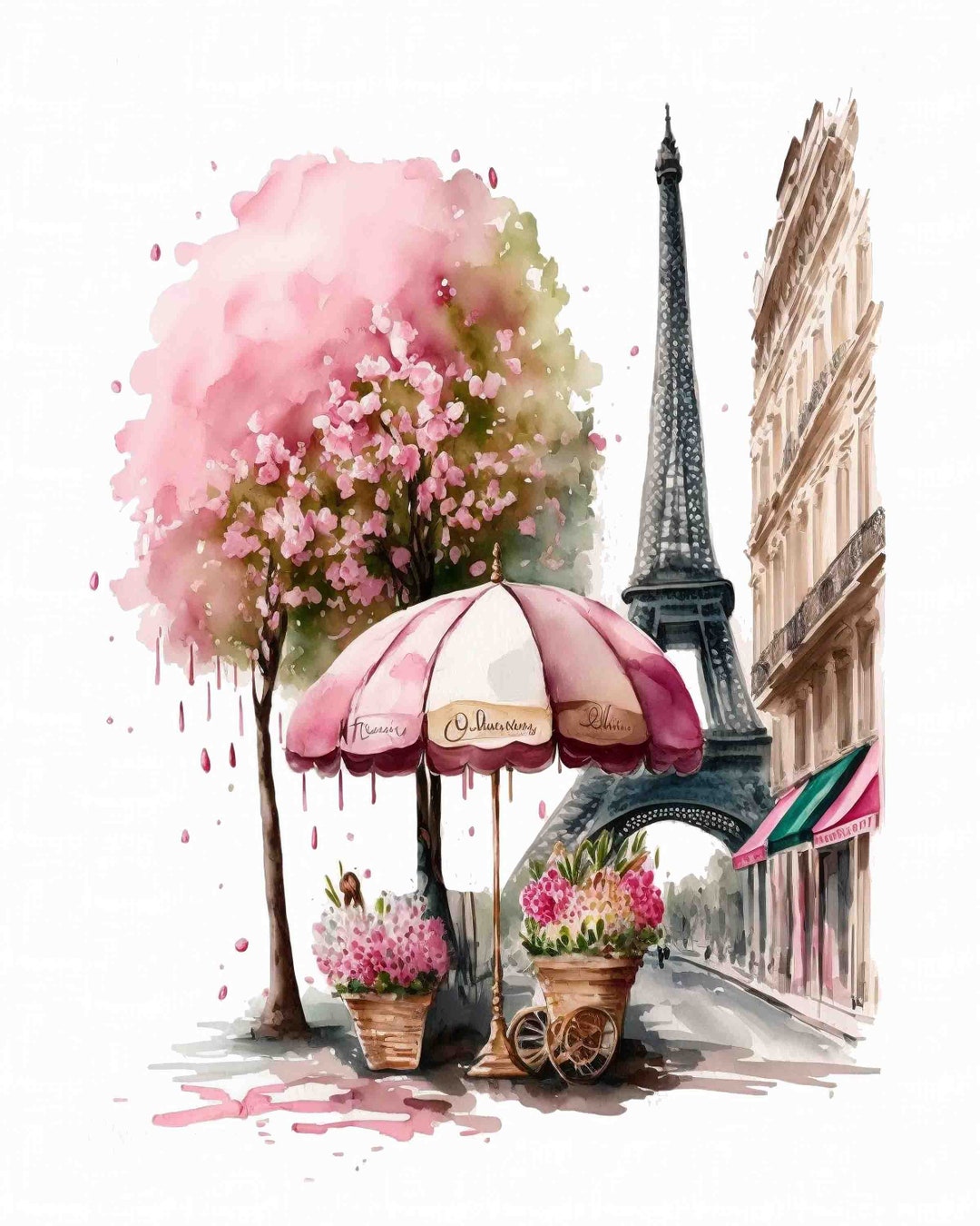 Watercolor Flowers in Paris Vignette Digital Art Print / Instant ...