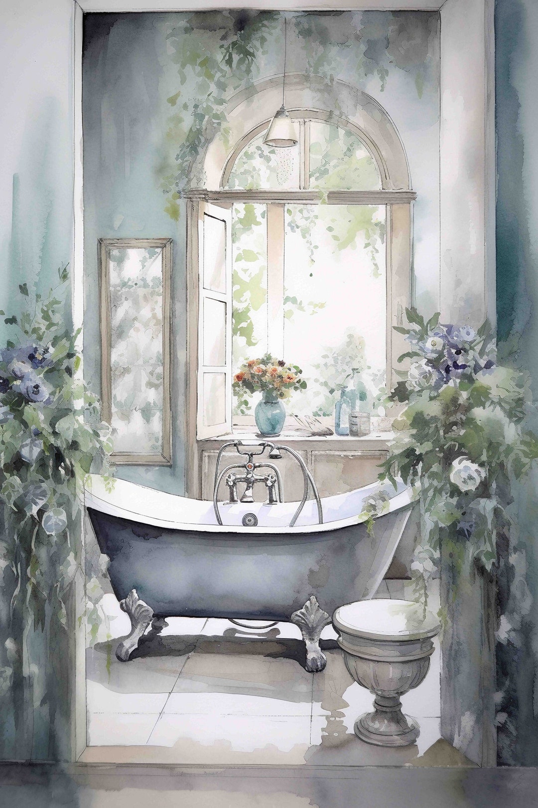 Watercolor Beautiful Bathtub Vignette, Digital Art Print / Instant ...