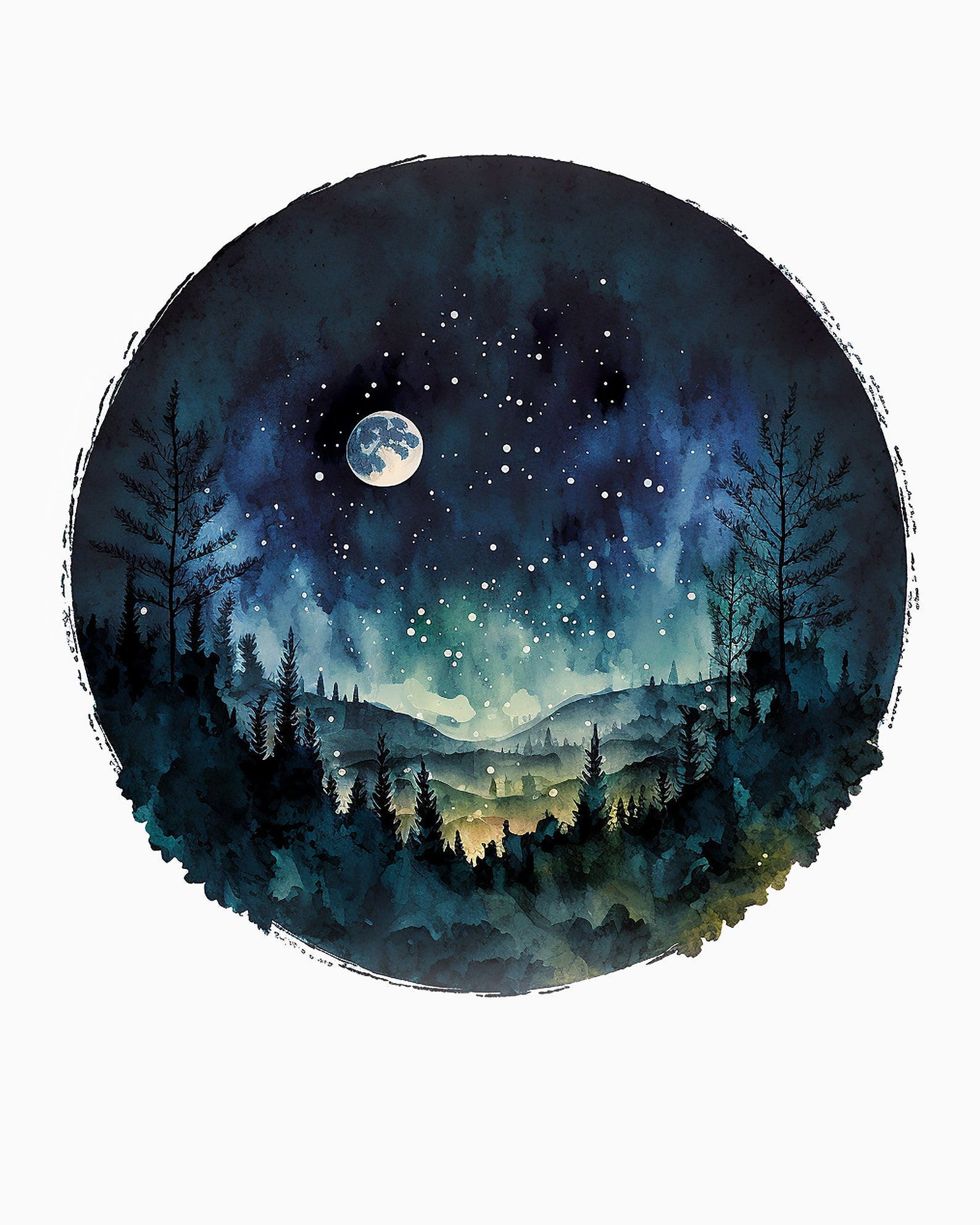 Watercolor Forest Night Moon Landscape, Digital Art Print / Instant ...