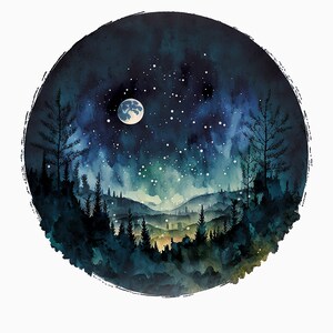 Watercolor Forest Night Moon Landscape, Digital Art Print / Instant ...