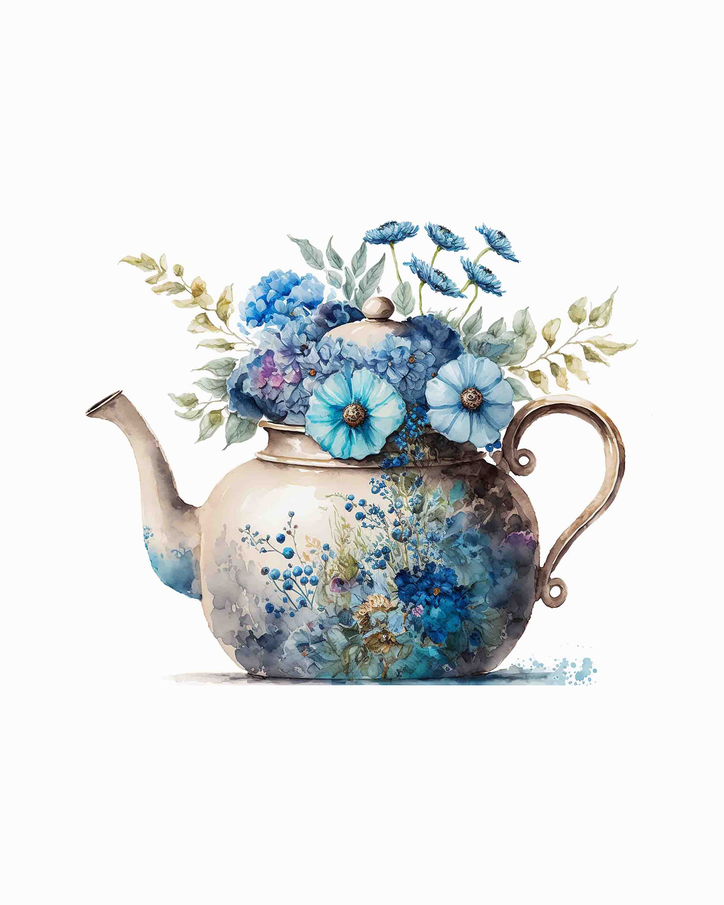 Watercolor Floral Blue Teapot Digital Art Print / Instant Download ...