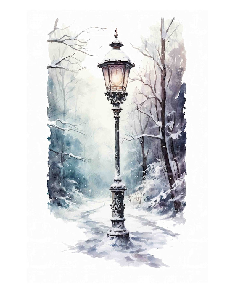 Watercolor Lamp Post in the Woods, Narnia Christmas Decor Digital Art ...