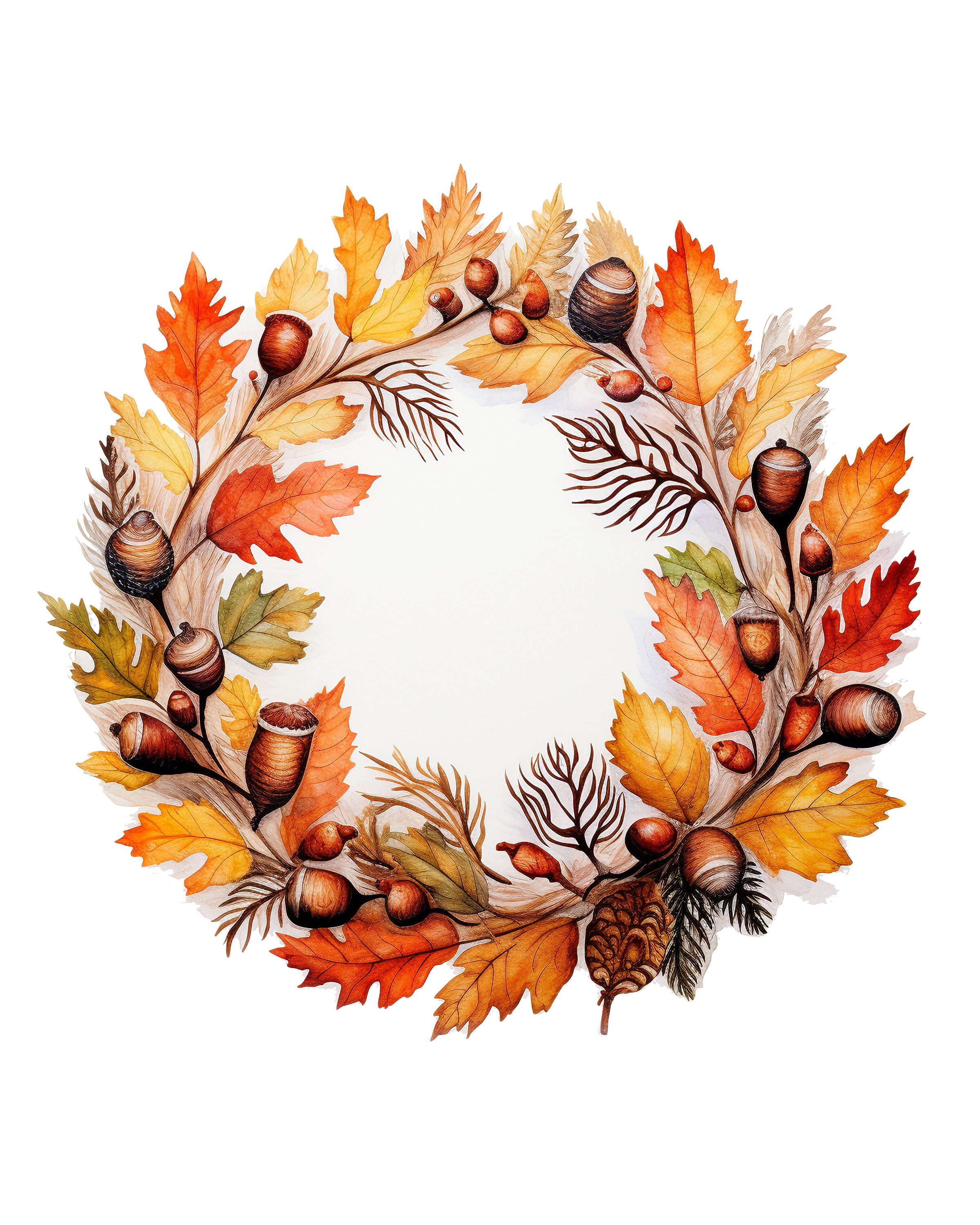 Watercolor Fall Acorn Wreath, Autumn Digital Art Print / Instant ...