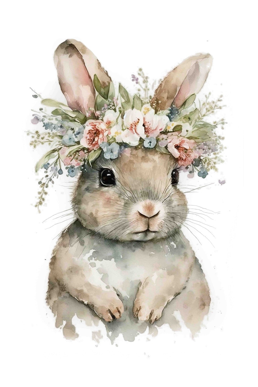 Watercolor Adorable Baby Bunny With Flower Crown, Easter Wall Art ...