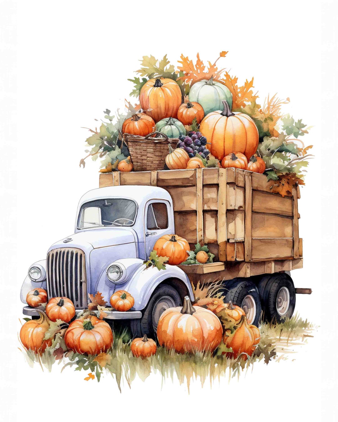 Watercolor Fall Pumpkin Truck, Autumn Digital Art Print / Instant ...