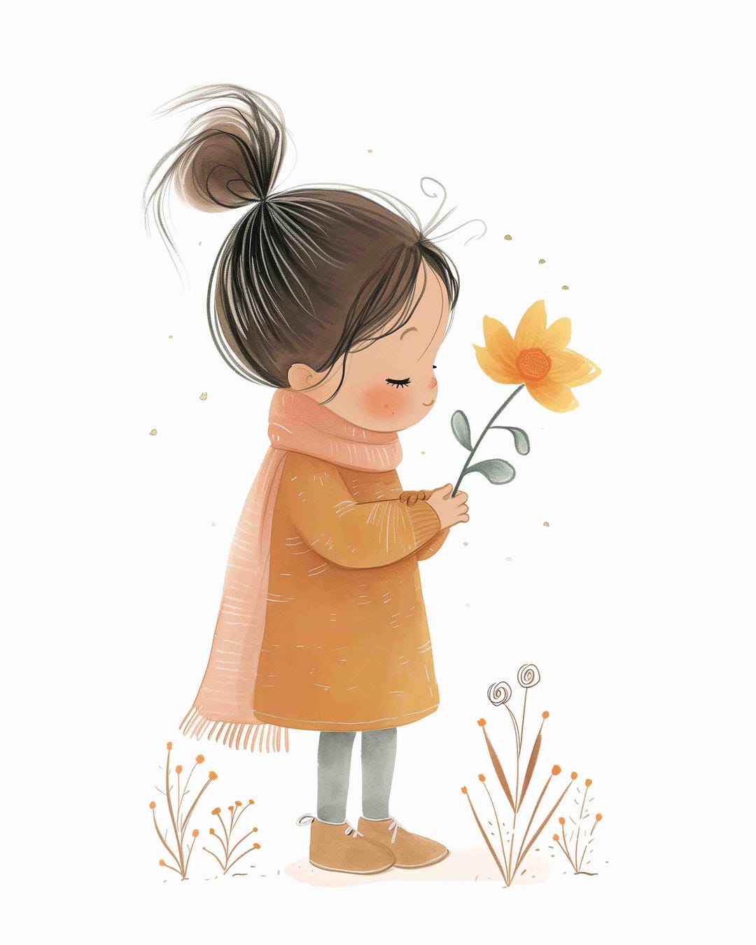 Watercolor Little Girl Holding Flower Digital Art Print / Instant ...