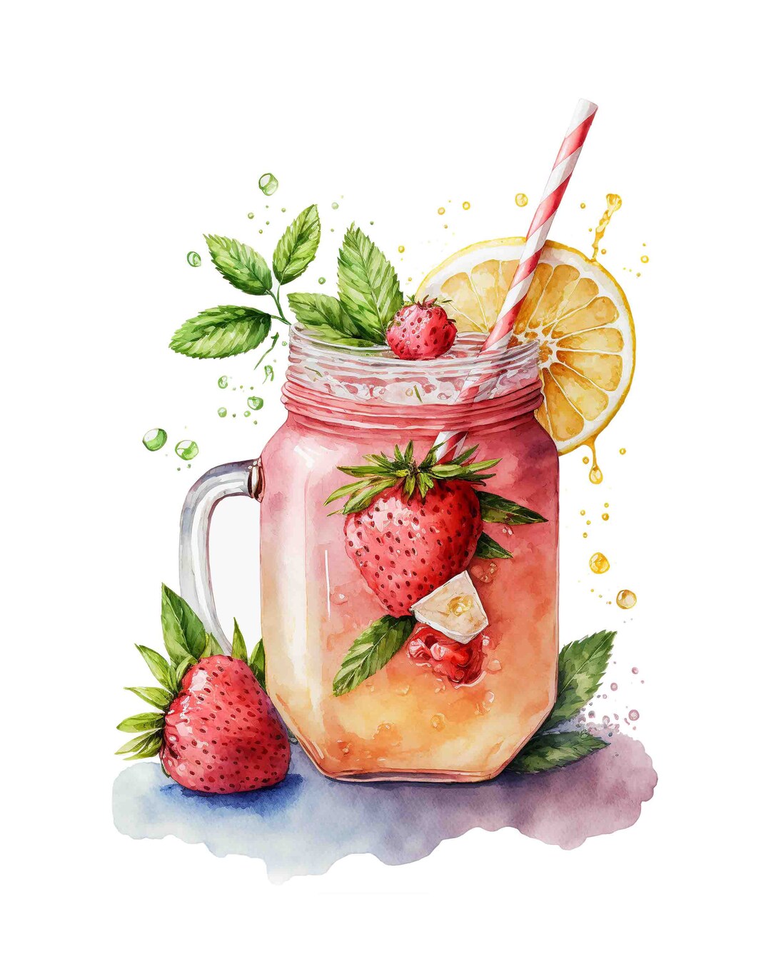 Watercolor Pink Strawberry Lemonade Glass Digital Art Print / Instant ...