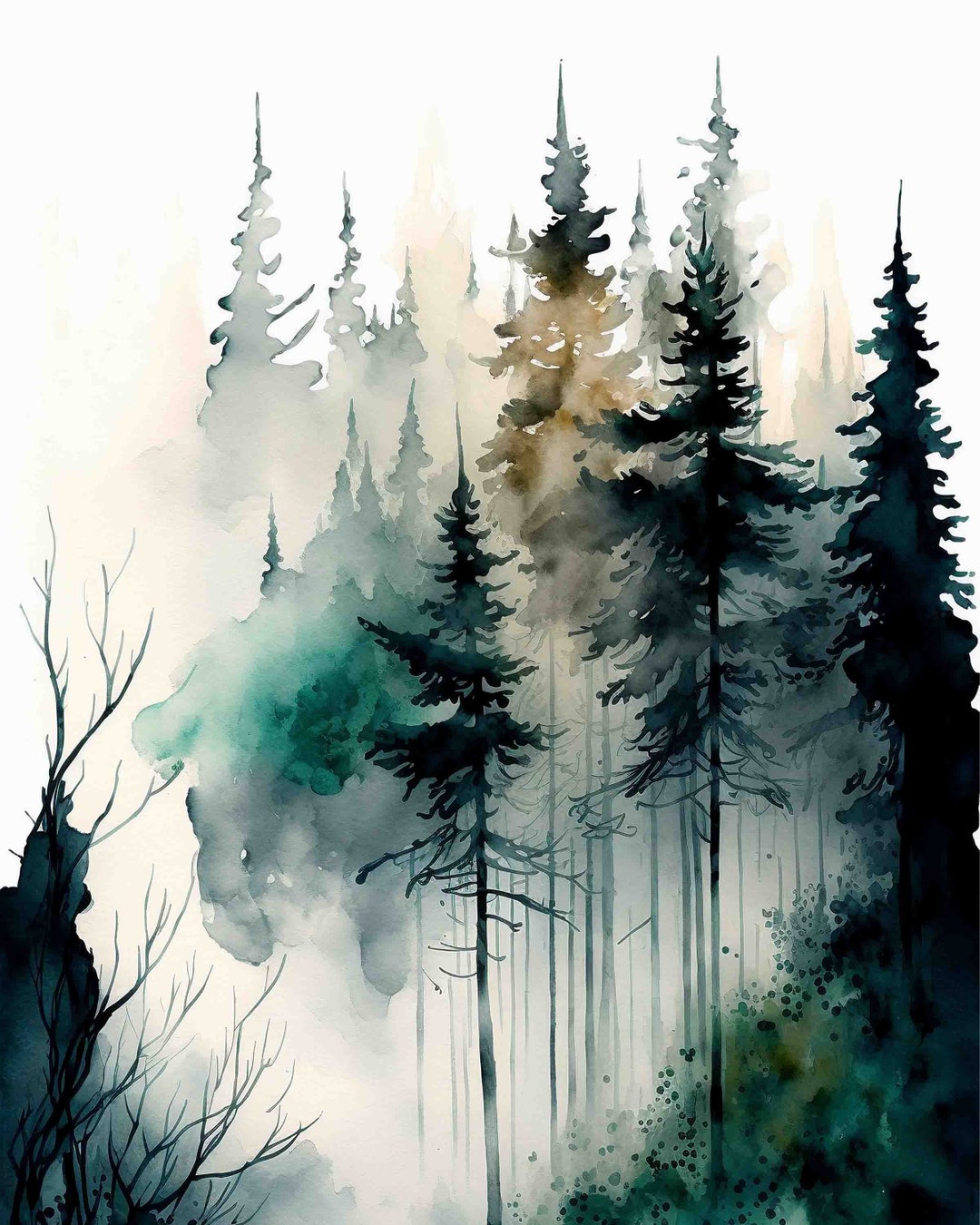 Watercolor Evergreen Forest Vignette, Fall Nature Digital Art Print ...