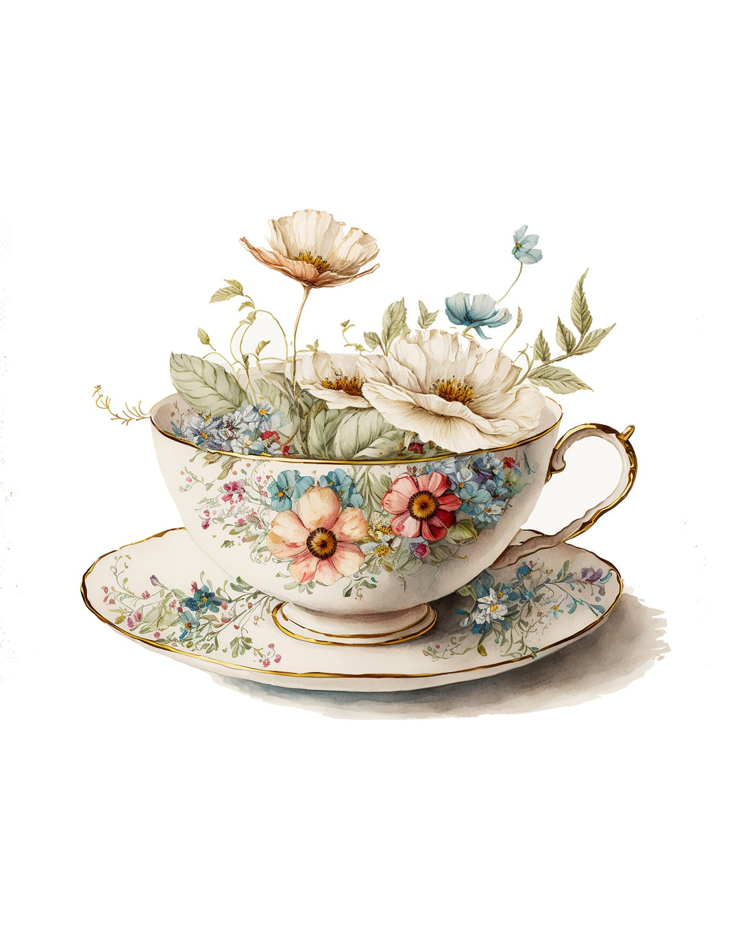 Watercolor Floral Teacup Digital Art Print / Instant Download Printable ...