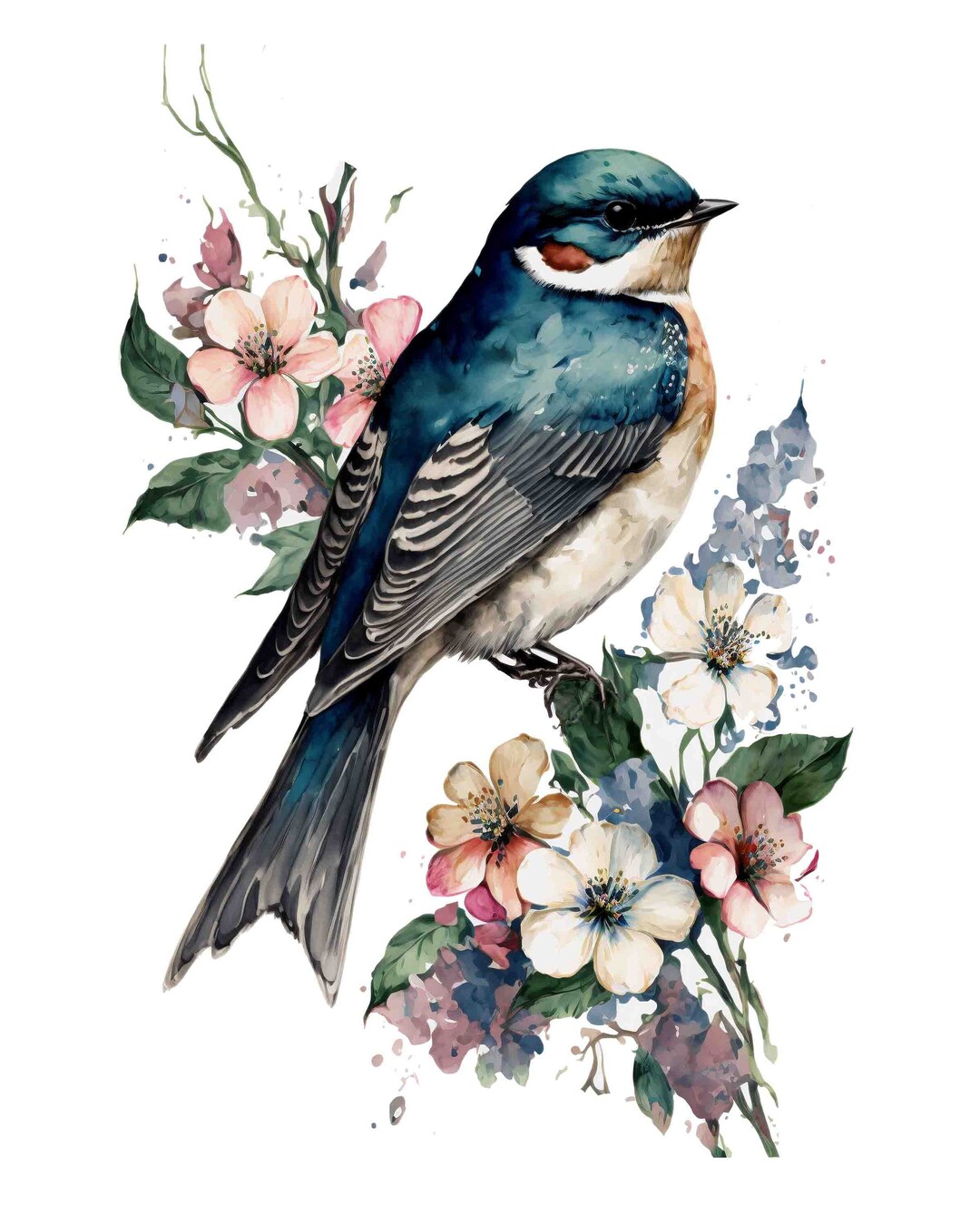 Watercolor Swallow With Flowers, Digital Art Print / Instant Download ...