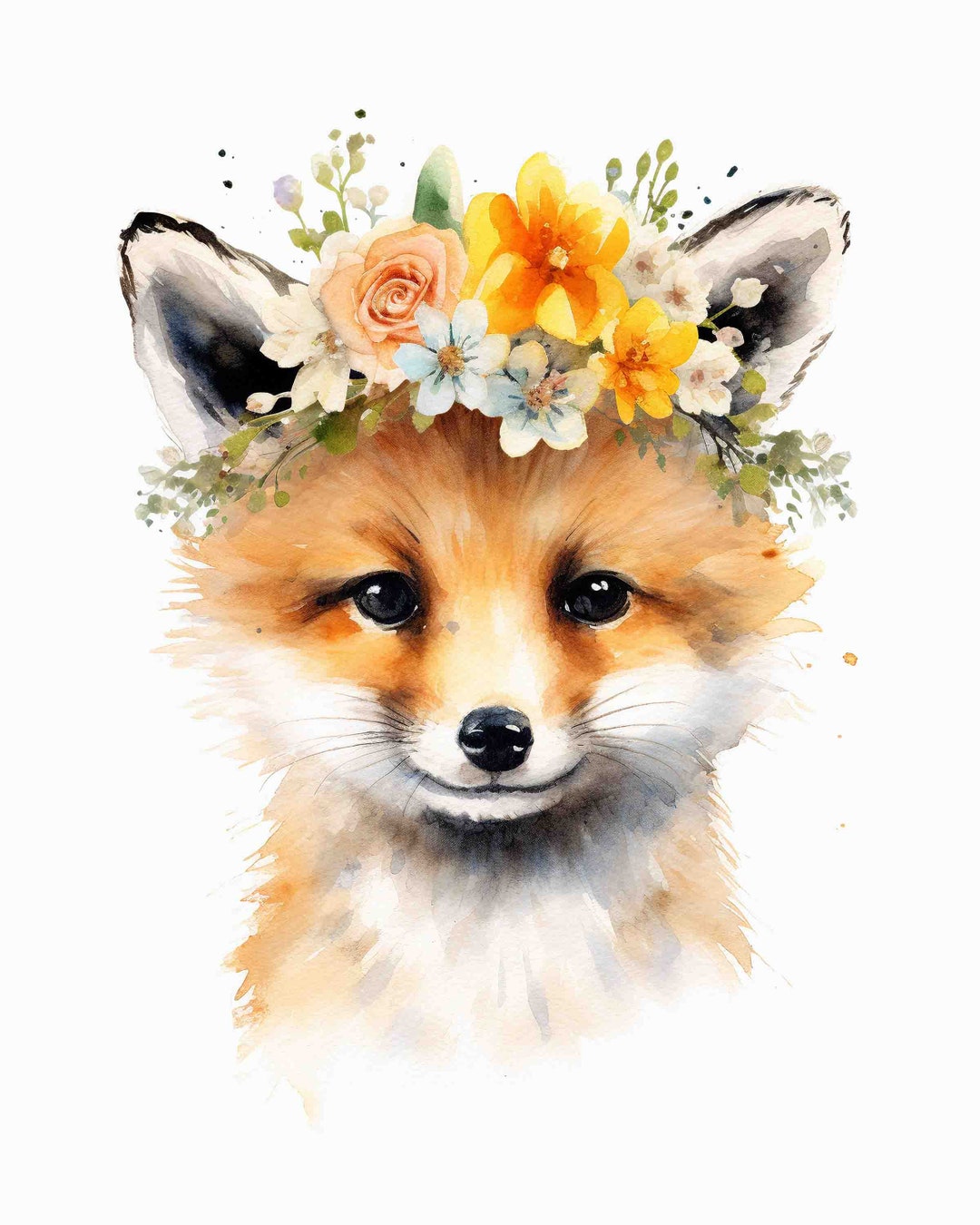 Watercolor Baby Fox With Flowers, Digital Art Print / Instant Download ...