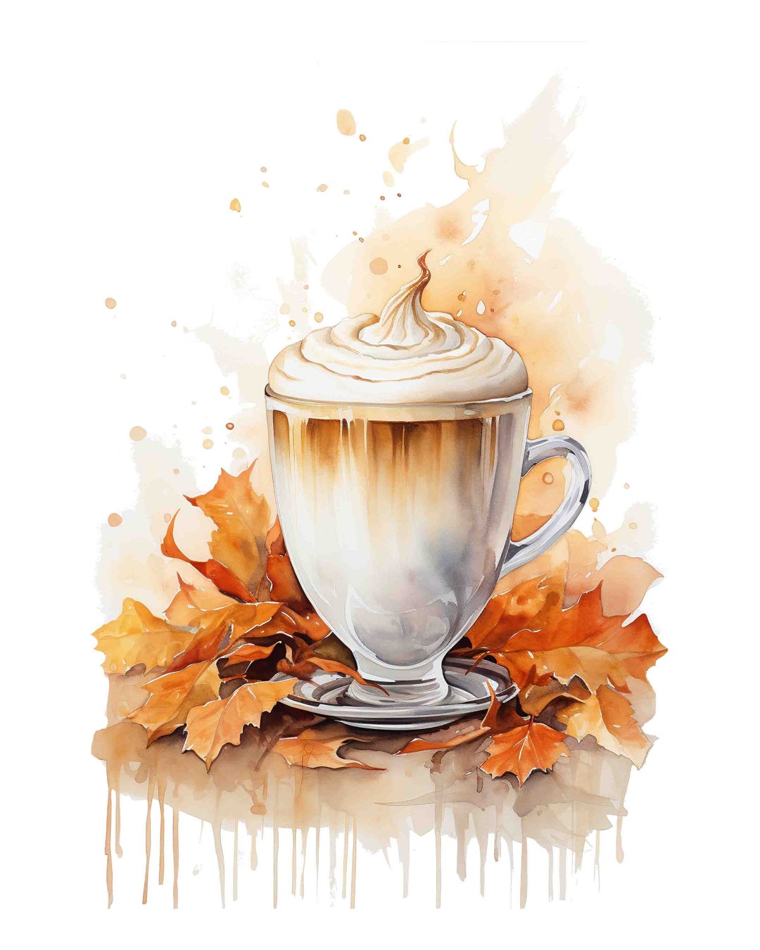 Watercolor Beautiful Fall Latte Coffee Digital Art (Instant Download ...