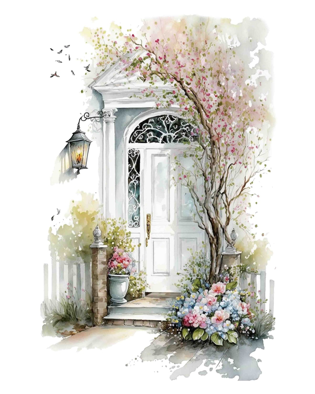Watercolor Front Porch Vignette, Spring Cottage Digital Art Print ...