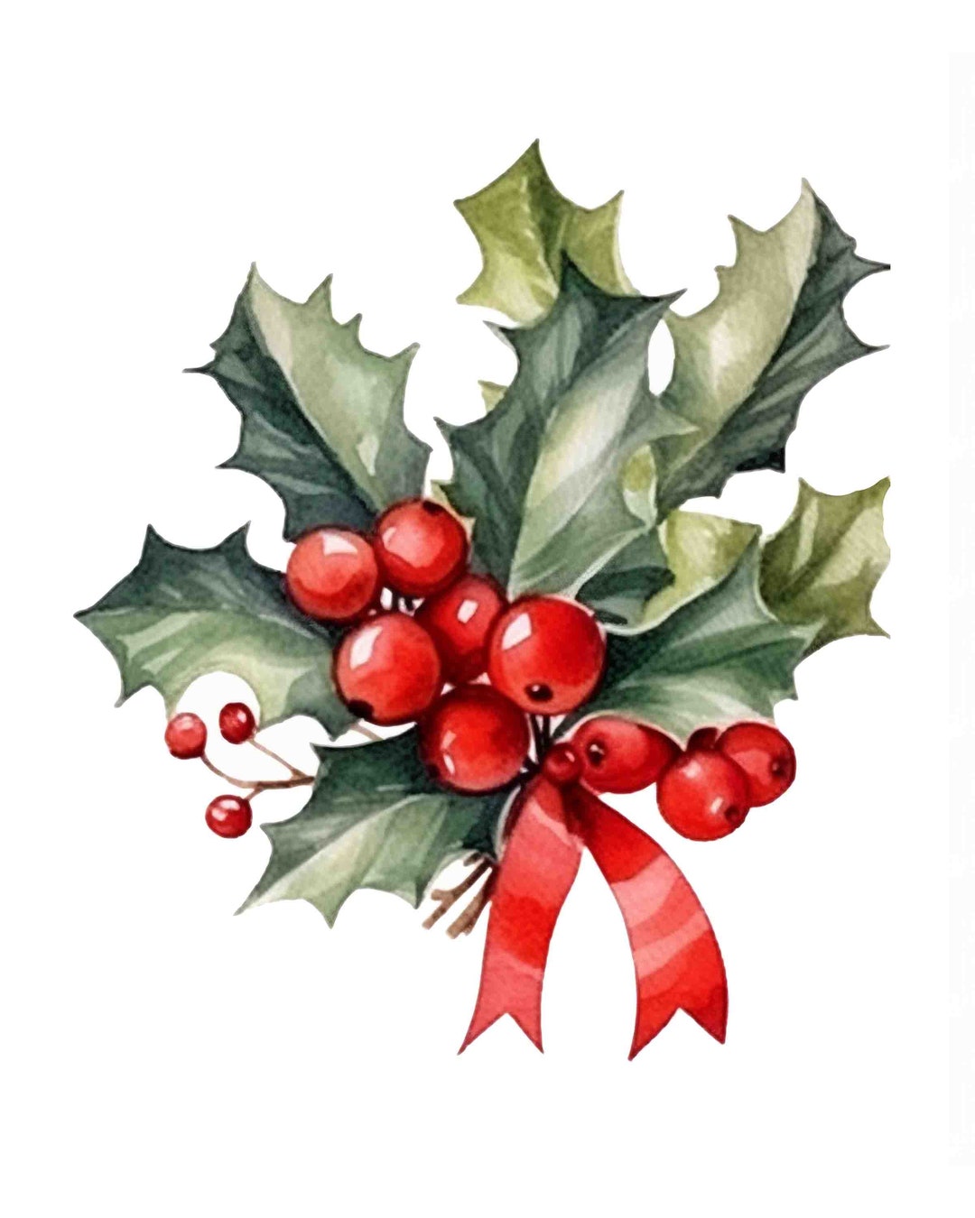 Watercolor Christmas Holly, Winter Holiday Digital Art Print / Instant ...