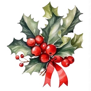 Watercolor Christmas Holly, Winter Holiday Digital Art Print / Instant ...