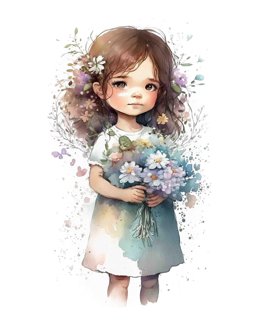 Watercolor Little Girl Holding Flowers Digital Art Print / Instant ...