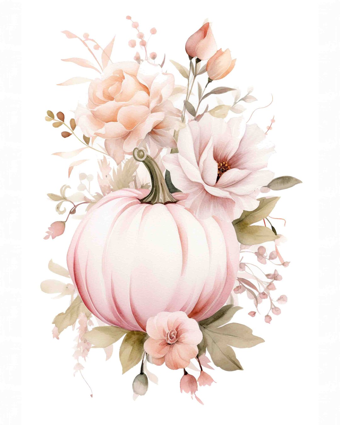 Watercolor Pink Pumpkin Floral Print, Fall Autumn Art (digital Download ...