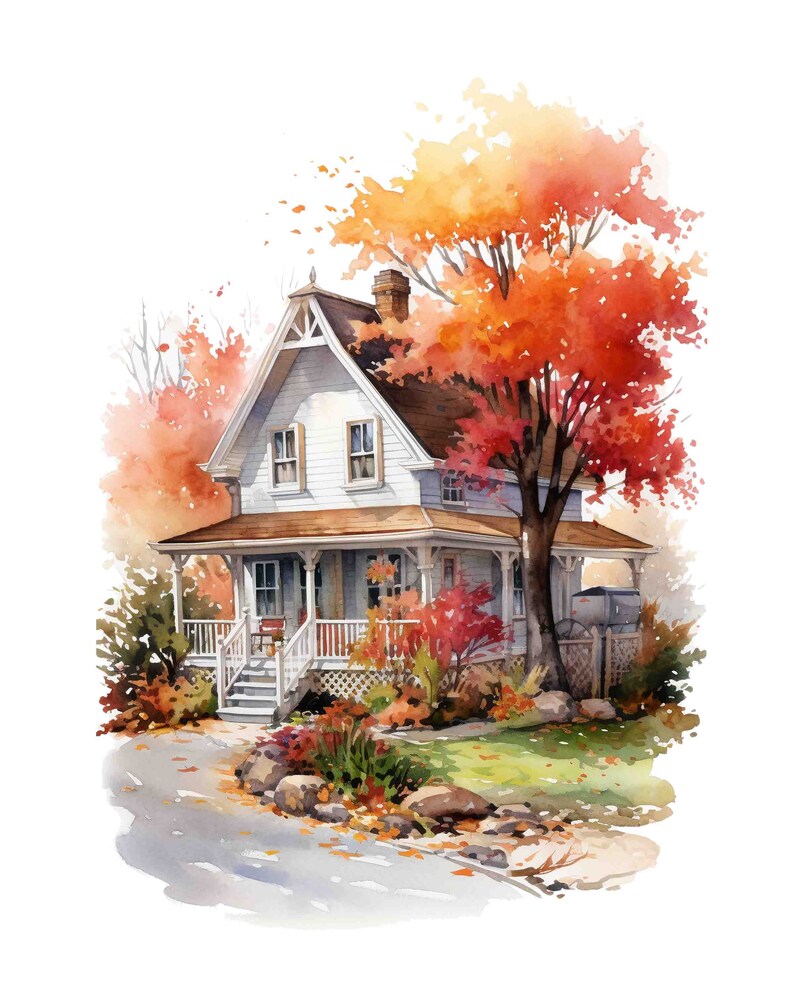 Watercolor Autumn Farm House Vignette Fall Nature Digital Art - Etsy