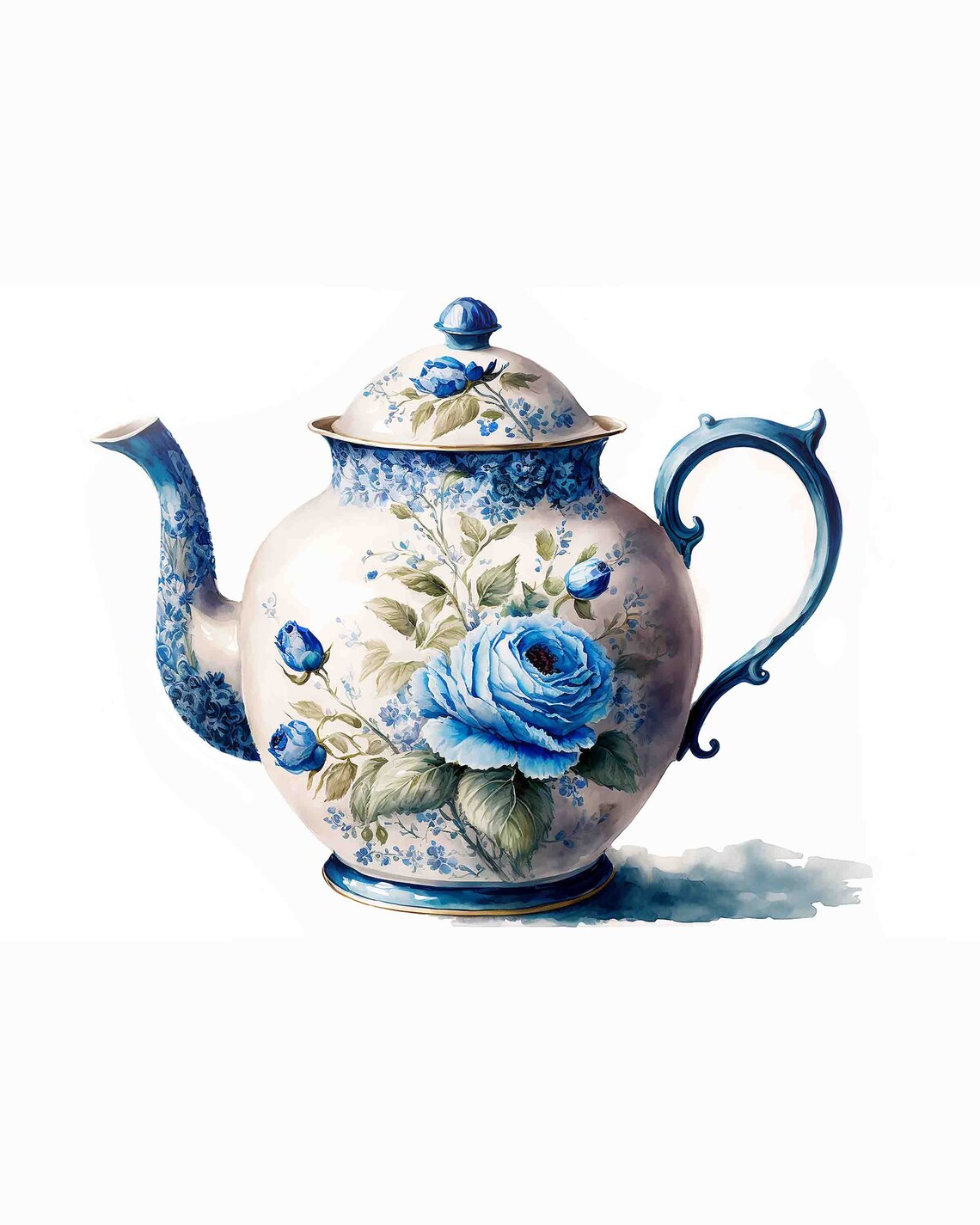 Watercolor Floral Blue Teapot Digital Art Print / Instant - Etsy