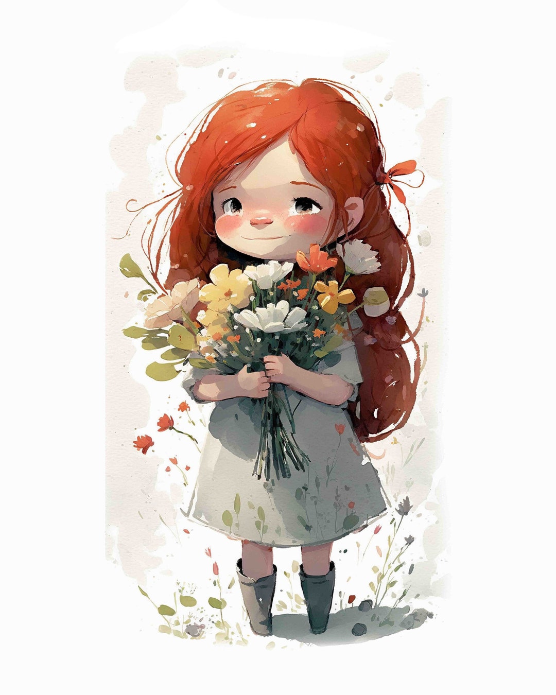 Watercolor Little Red Haired Girl Holding Flowers Digital Art Print ...