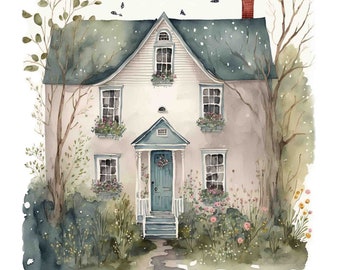 Watercolor Country Cottage Digital Art Print / Instant Download ...