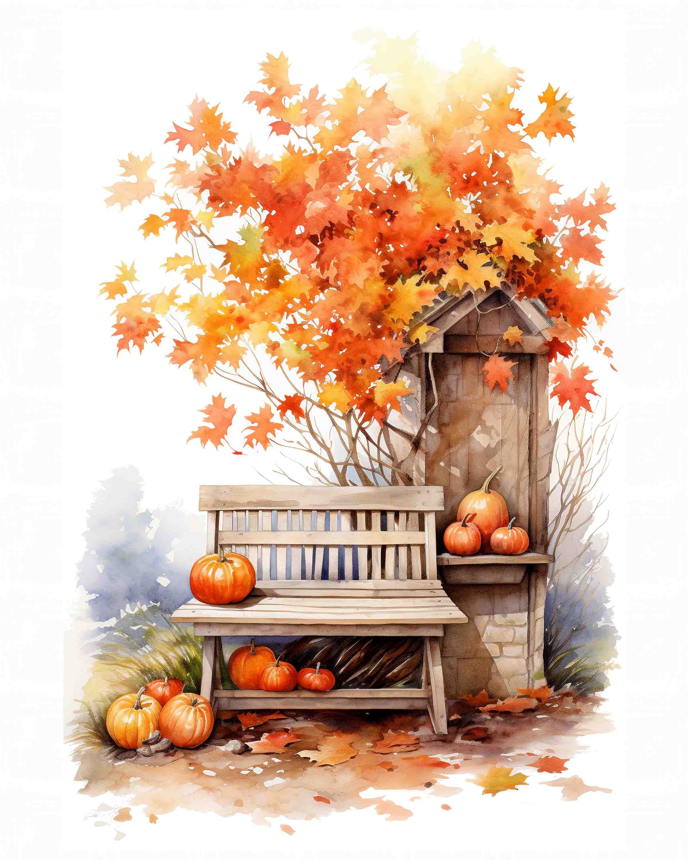 Watercolor Autumn Bench Vignette Fall Nature Digital Art - Etsy