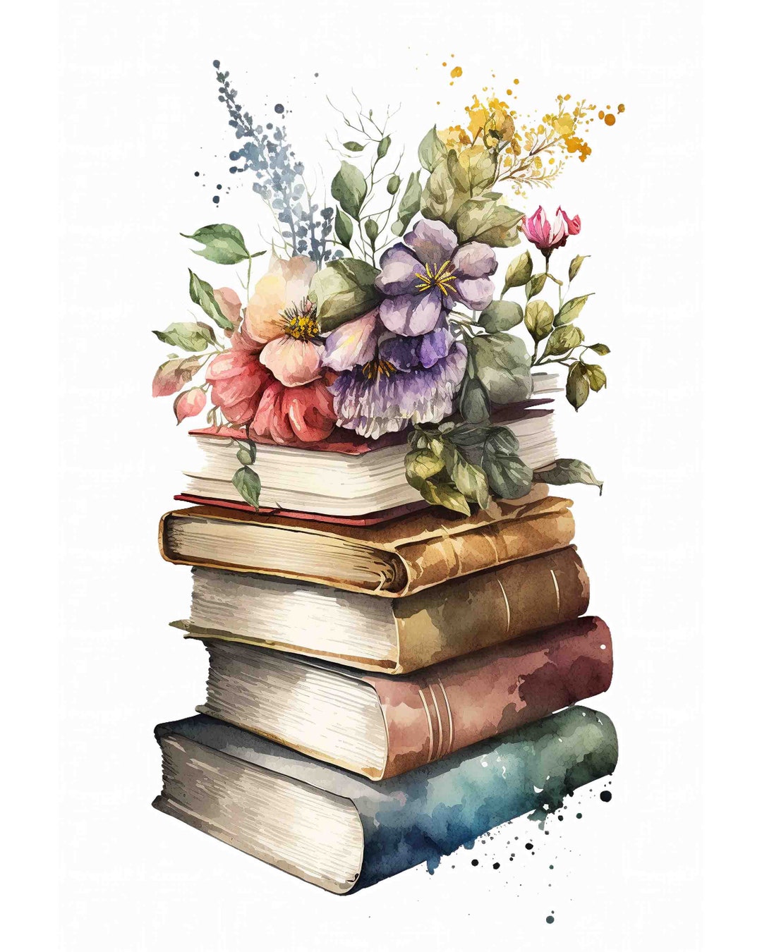 Watercolor Floral Book Stack Digital Art Print / Instant Download ...
