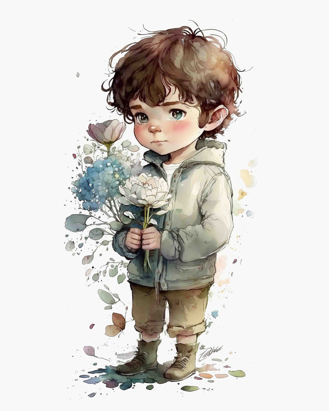 Watercolor Boy With Flowers Art Print (digital Download) - Etsy