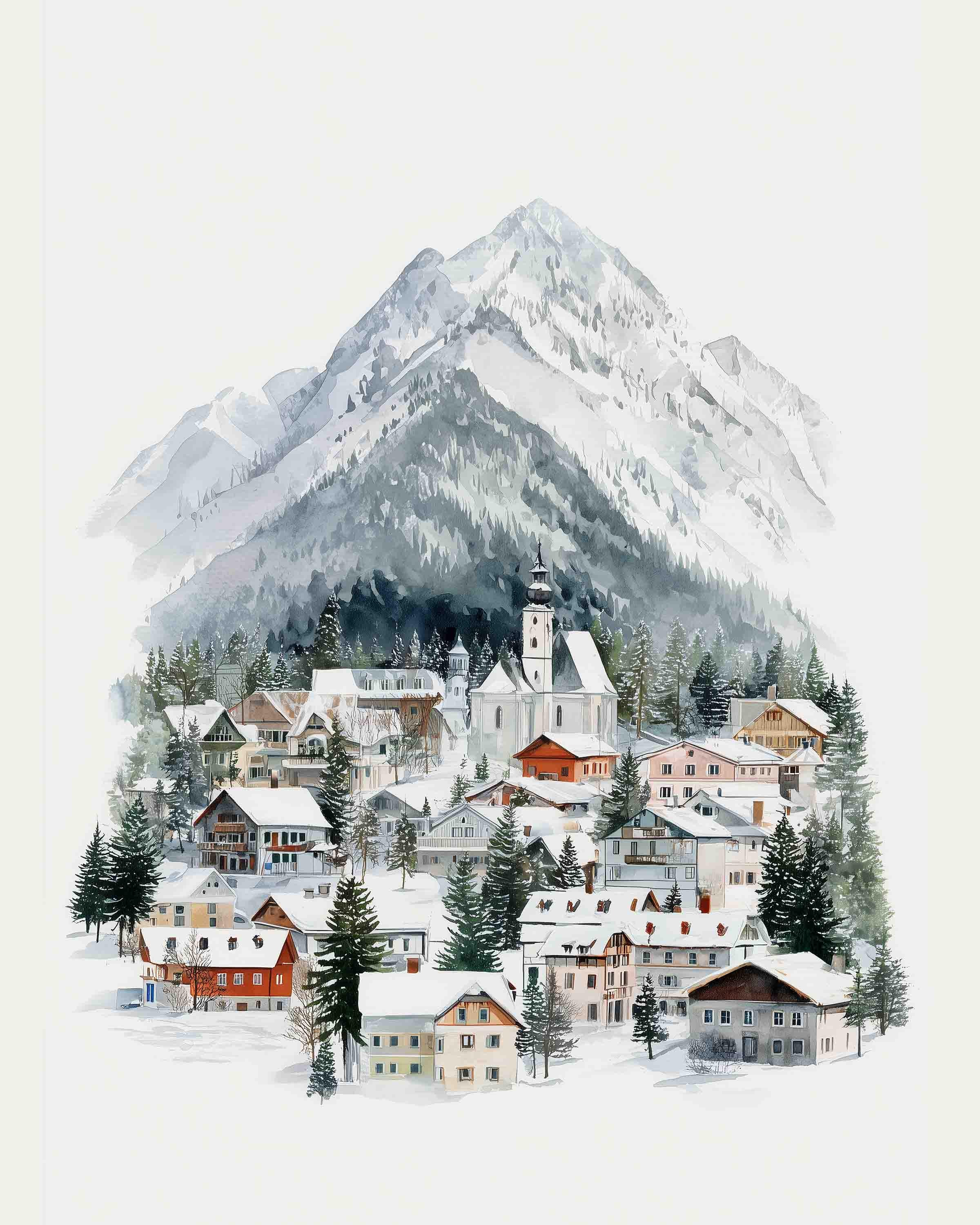 Watercolor Snowy Winter Village, Digital Art Print / Instant Download ...